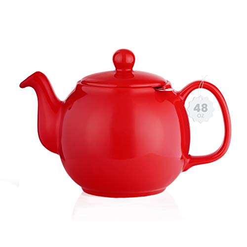 SAKI Large Porcelain Teapot, 48 Ounce Tea Pot with Infuser, Loose Leaf and Blooming Tea Pot - Red