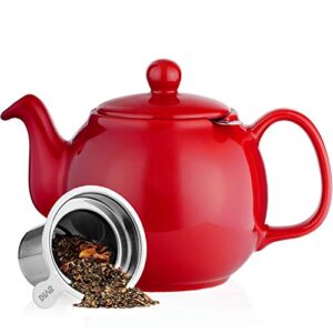 SAKI Large Porcelain Teapot, 48 Ounce Tea Pot with Infuser, Loose Leaf and Blooming Tea Pot - Red