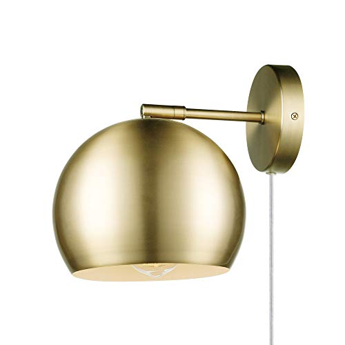 Globe Electric 51577 1-Light Plug-in or Hardwire Wall Sconce, Matte Brass, White Fabric Cord, in-Line On/Off Rocker Switch, Wall Lights for Bedroom Plug in, Kitchen Sconces Wall Lighting