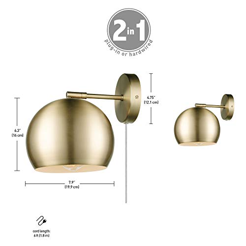 Globe Electric 51577 1-Light Plug-in or Hardwire Wall Sconce, Matte Brass, White Fabric Cord, in-Line On/Off Rocker Switch, Wall Lights for Bedroom Plug in, Kitchen Sconces Wall Lighting