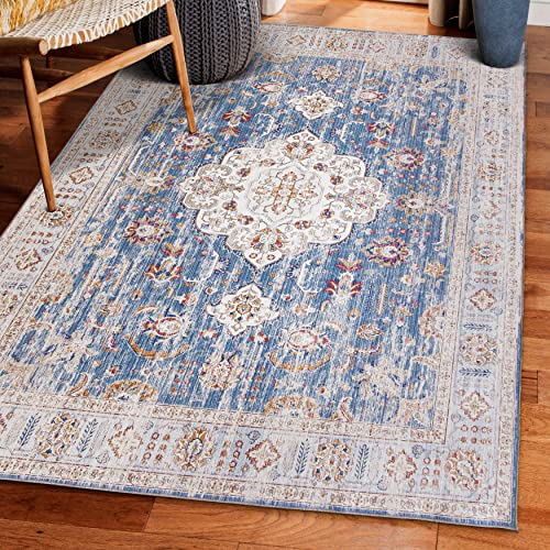 ReaLife Machine Washable Rug - Stain Resistant, Non-Shed - Eco-Friendly, Non-Slip, Family & Pet Friendly - Made from Premium Recycled Fibers - Persian Distressed - Light Blue, 5 'x 7'