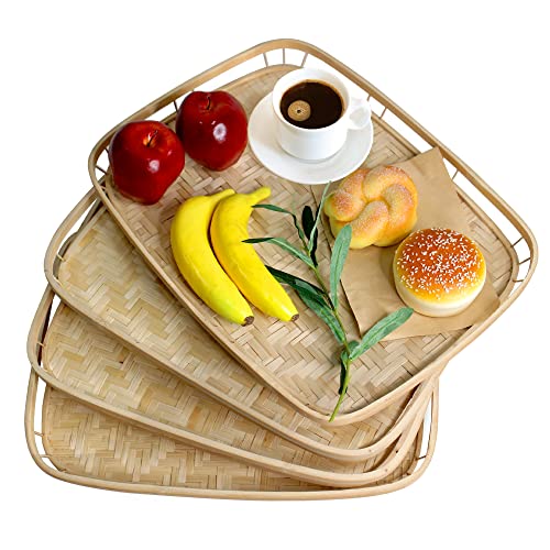 Set of 4 Pack Rectangular Bamboo Wicker Serving Trays with Handles, Handwoven Coffee Trays for Coffee, Breakfast, Bread, Food, Dish and Decorative Trays for Dining Table (L16.9'' x W13'', Natural)