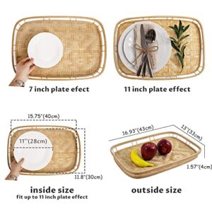 Set of 4 Pack Rectangular Bamboo Wicker Serving Trays with Handles, Handwoven Coffee Trays for Coffee, Breakfast, Bread, Food, Dish and Decorative Trays for Dining Table (L16.9'' x W13'', Natural)