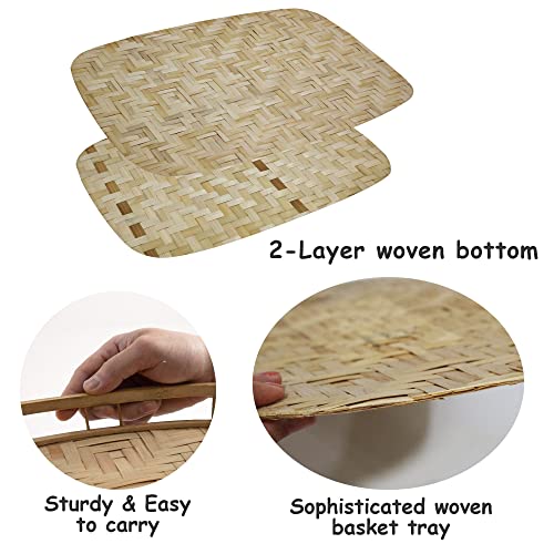 Set of 4 Pack Rectangular Bamboo Wicker Serving Trays with Handles, Handwoven Coffee Trays for Coffee, Breakfast, Bread, Food, Dish and Decorative Trays for Dining Table (L16.9'' x W13'', Natural)