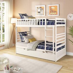 MERITLINE Twin Over Twin Bunk Bed for Kids,Detachable Wood Twin Bunk Bed Frame with Trundle,White