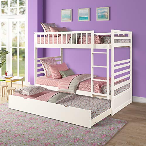 MERITLINE Twin Over Twin Bunk Bed for Kids,Detachable Wood Twin Bunk Bed Frame with Trundle,White