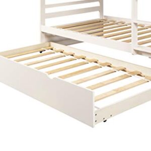 MERITLINE Twin Over Twin Bunk Bed for Kids,Detachable Wood Twin Bunk Bed Frame with Trundle,White