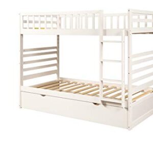 MERITLINE Twin Over Twin Bunk Bed for Kids,Detachable Wood Twin Bunk Bed Frame with Trundle,White