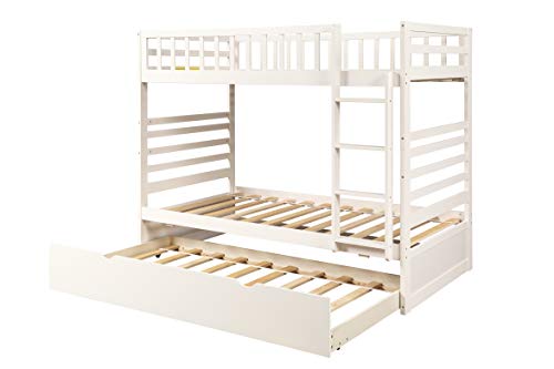 MERITLINE Twin Over Twin Bunk Bed for Kids,Detachable Wood Twin Bunk Bed Frame with Trundle,White