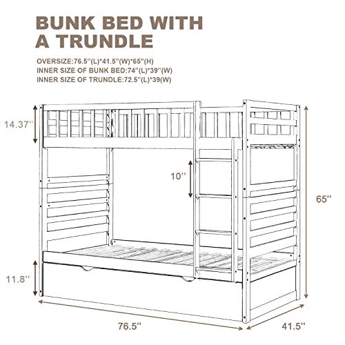 MERITLINE Twin Over Twin Bunk Bed for Kids,Detachable Wood Twin Bunk Bed Frame with Trundle,White