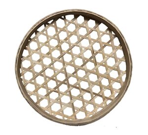 100% handwoven flat wicker round fruit basket woven food storage weaved shallow tray organizer holder bowl decorative rack display kids diy drawing board (hexagon hollow-bamboo-white, 18cm/7")