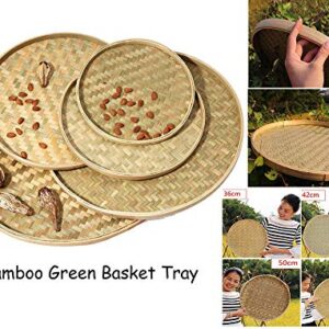 100% Handwoven Flat Wicker Round Fruit Basket Woven Food Storage Weaved Shallow Tray Organizer Holder Bowl Decorative Rack Display Kids DIY Drawing Board (No Hollow-Bamboo Green, 42cm/16.5")