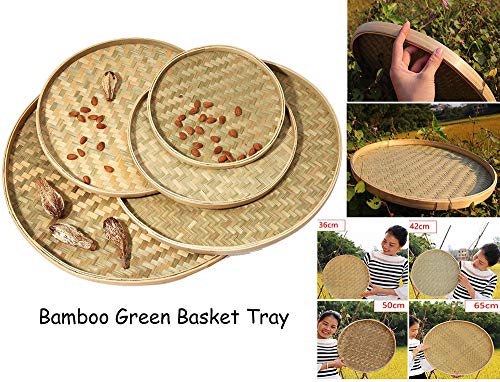 100% Handwoven Flat Wicker Round Fruit Basket Woven Food Storage Weaved Shallow Tray Organizer Holder Bowl Decorative Rack Display Kids DIY Drawing Board (No Hollow-Bamboo Green, 42cm/16.5")