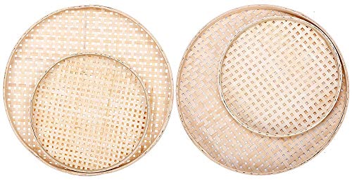 100% Handwoven Flat Wicker Round Fruit Basket Woven Food Storage Weaved Shallow Tray Organizer Holder Bowl Decorative Rack Display Kids DIY Drawing Board (Sqaure Hollow-Bamboo White, 26cm/10.2")