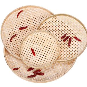 100% Handwoven Flat Wicker Round Fruit Basket Woven Food Storage Weaved Shallow Tray Organizer Holder Bowl Decorative Rack Display Kids DIY Drawing Board (Sqaure Hollow-Bamboo White, 26cm/10.2")