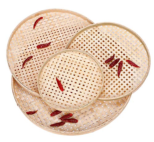 100% Handwoven Flat Wicker Round Fruit Basket Woven Food Storage Weaved Shallow Tray Organizer Holder Bowl Decorative Rack Display Kids DIY Drawing Board (Sqaure Hollow-Bamboo White, 26cm/10.2")