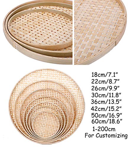 100% Handwoven Flat Wicker Round Fruit Basket Woven Food Storage Weaved Shallow Tray Organizer Holder Bowl Decorative Rack Display Kids DIY Drawing Board (Sqaure Hollow-Bamboo White, 26cm/10.2")