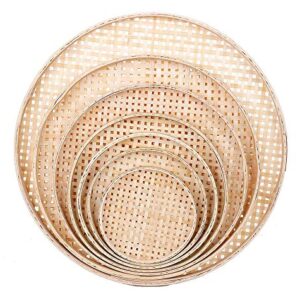 100% Handwoven Flat Wicker Round Fruit Basket Woven Food Storage Weaved Shallow Tray Organizer Holder Bowl Decorative Rack Display Kids DIY Drawing Board (Sqaure Hollow-Bamboo White, 26cm/10.2")