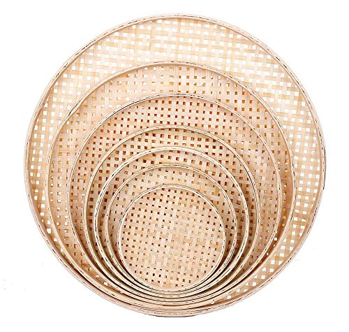 100% Handwoven Flat Wicker Round Fruit Basket Woven Food Storage Weaved Shallow Tray Organizer Holder Bowl Decorative Rack Display Kids DIY Drawing Board (Sqaure Hollow-Bamboo White, 26cm/10.2")