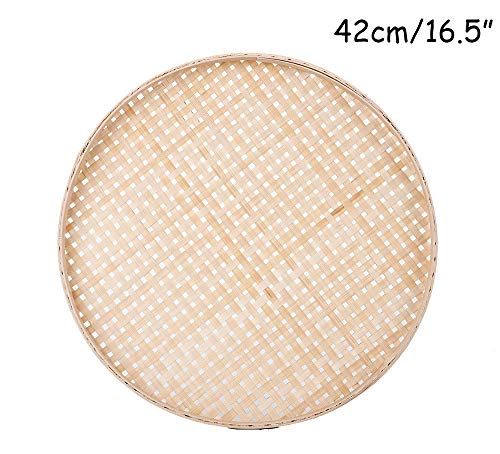 100% Handwoven Flat Wicker Round Fruit Basket Woven Food Storage Weaved Shallow Tray Organizer Holder Bowl Decorative Rack Display Kids DIY Drawing Board (Sqaure Hollow-Bamboo White, 42cm/16.5")