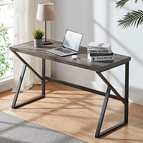 HSH Rustic Grey Computer Desk, Metal and Wood Home Office Desk, Industrial Modern Vintage Work Study Writing Table for Livingroom Bedroom, Farmhouse Oak PC Desk, Wooden Computer Table, Gray 47 Inch