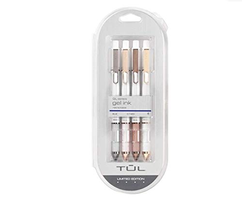 TUL Retractable Gel Pens, Limited Edition, Sunset Shades, Medium Point, 0.7 mm, Pearl White Barrel, Blue Ink, Pack of 4