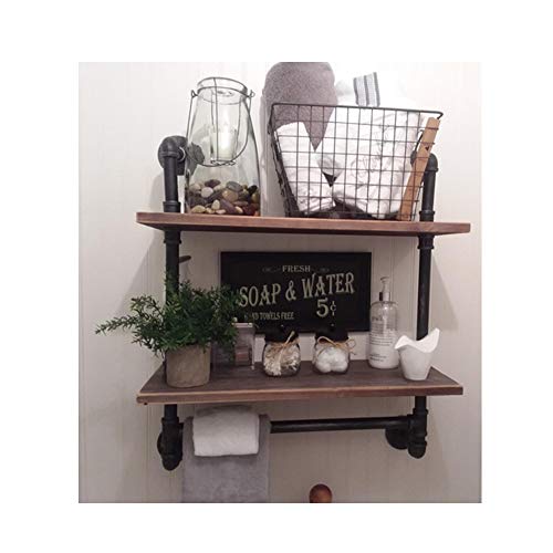 FUQI Industrial Pipe Bathroom Shelves Decor Wall Mounted 2 Tiered, Rustic Wood Wall Shelf with Towel Bar, Black Matte Towel Rack, Pipe Floating Shelves Shelving Towel Holder