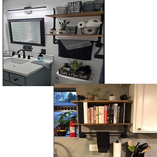 FUQI Industrial Pipe Bathroom Shelves Decor Wall Mounted 2 Tiered, Rustic Wood Wall Shelf with Towel Bar, Black Matte Towel Rack, Pipe Floating Shelves Shelving Towel Holder