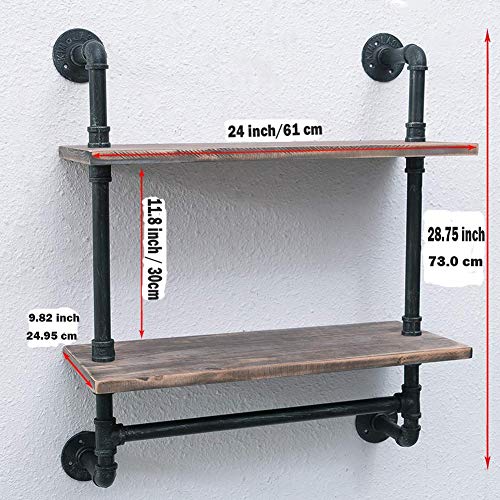 FUQI Industrial Pipe Bathroom Shelves Decor Wall Mounted 2 Tiered, Rustic Wood Wall Shelf with Towel Bar, Black Matte Towel Rack, Pipe Floating Shelves Shelving Towel Holder