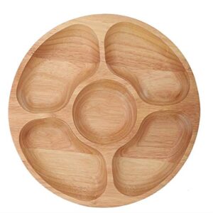 5 Sectional Round Serving Tray Sectional Tray, Wooden Divided Serving Platter/Tray Chip and Dip Bowl Fruit Dessert Dish Tableware Tray (25cm)