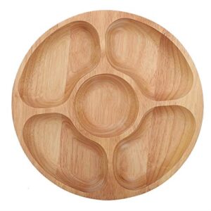 5 Sectional Round Serving Tray Sectional Tray, Wooden Divided Serving Platter/Tray Chip and Dip Bowl Fruit Dessert Dish Tableware Tray (25cm)