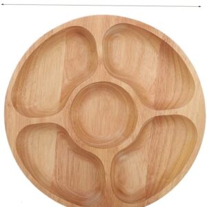 5 Sectional Round Serving Tray Sectional Tray, Wooden Divided Serving Platter/Tray Chip and Dip Bowl Fruit Dessert Dish Tableware Tray (25cm)