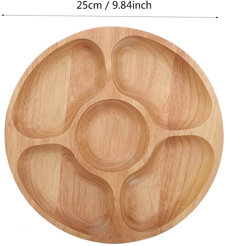 5 Sectional Round Serving Tray Sectional Tray, Wooden Divided Serving Platter/Tray Chip and Dip Bowl Fruit Dessert Dish Tableware Tray (25cm)