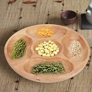 5 Sectional Round Serving Tray Sectional Tray, Wooden Divided Serving Platter/Tray Chip and Dip Bowl Fruit Dessert Dish Tableware Tray (25cm)