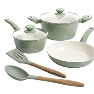 Gibson Home Plaze Café' Forged Aluminum Non-stick Ceramic Cookware with Induction Base and Soft Touch Bakelite Handle, 7-Piece Set, Mint Green