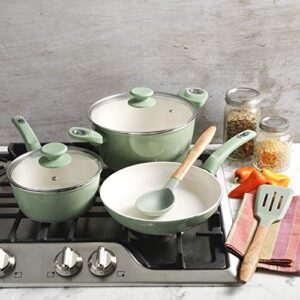 Gibson Home Plaze Café' Forged Aluminum Non-stick Ceramic Cookware with Induction Base and Soft Touch Bakelite Handle, 7-Piece Set, Mint Green