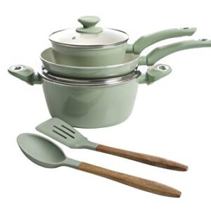 Gibson Home Plaze Café' Forged Aluminum Non-stick Ceramic Cookware with Induction Base and Soft Touch Bakelite Handle, 7-Piece Set, Mint Green