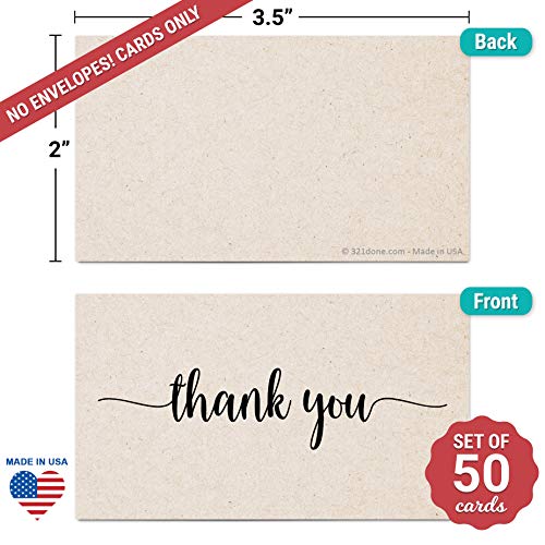 321Done Thank You Notecards Small (Set of 50) Business Card Size 3.5" x 2" - For Gifts, Parties, Weddings, and Any Occasion- Made in USA - Kraft Tan