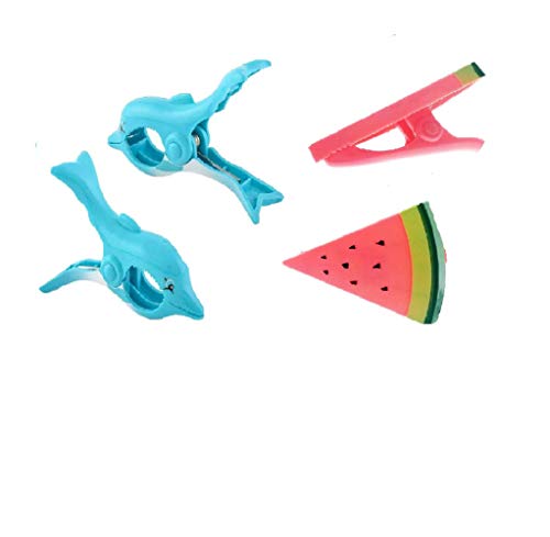 C&H Solutions 2 Pack Set Pair of Beach Towel Clips(Dolphin & Watermelon Style) Jumbo Size for Beach Chair, Cruise Beach Patio, Pool Accessories for Chairs, Household Clip, Baby Stroller.