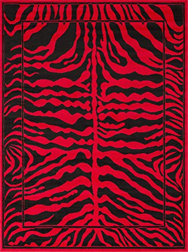 Modern Animal Print Skin Red & Black Area Rug Zebra Bordered African Carpet (5’ 3” X 7’ 5”)