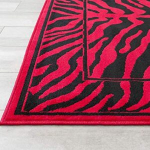 Modern Animal Print Skin Red & Black Area Rug Zebra Bordered African Carpet (5’ 3” X 7’ 5”)