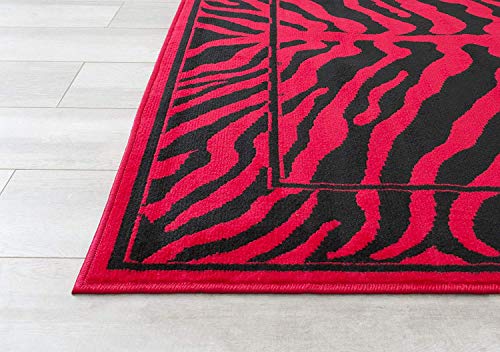 Modern Animal Print Skin Red & Black Area Rug Zebra Bordered African Carpet (5’ 3” X 7’ 5”)