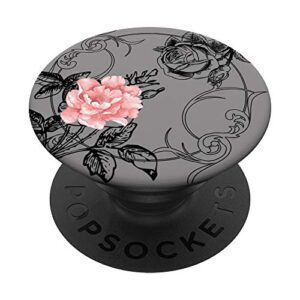 pink black rose flowers on gray - floral pattern gothic gift popsockets popgrip: swappable grip for phones & tablets