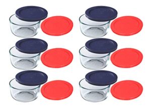 pyrex storage 2 cup round dish, clear with red & blue lids, pack of 6 containers & 12 lids