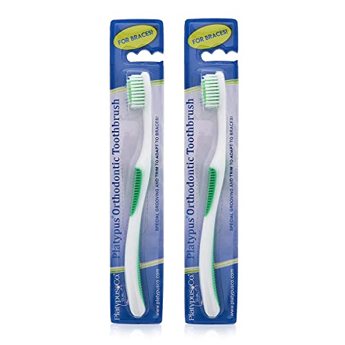 Platypus Orthodontic Toothbrush for Braces | Soft Bristle Braces Toothbrush for Adults & Kids | Angled Bristles for Better Access Around Brackets and Archwires, Comfort Silicone Grip | 2 Count