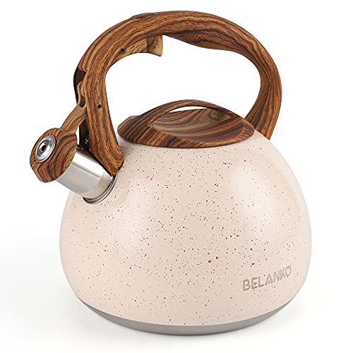 Tea Kettle, 2.7 Quart BELANKO Teapot for Stovetops Wood Pattern Handle with Loud Whistle Food Grade Stainless Steel Tea Pot Water Kettle - Cream White