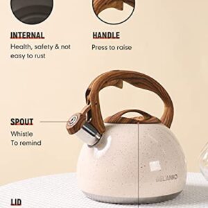 Tea Kettle, 2.7 Quart BELANKO Teapot for Stovetops Wood Pattern Handle with Loud Whistle Food Grade Stainless Steel Tea Pot Water Kettle - Cream White