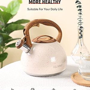 Tea Kettle, 2.7 Quart BELANKO Teapot for Stovetops Wood Pattern Handle with Loud Whistle Food Grade Stainless Steel Tea Pot Water Kettle - Cream White