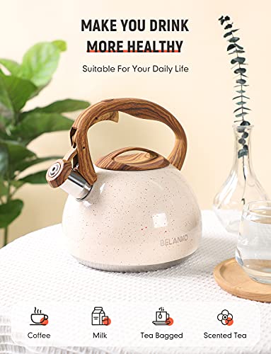 Tea Kettle, 2.7 Quart BELANKO Teapot for Stovetops Wood Pattern Handle with Loud Whistle Food Grade Stainless Steel Tea Pot Water Kettle - Cream White