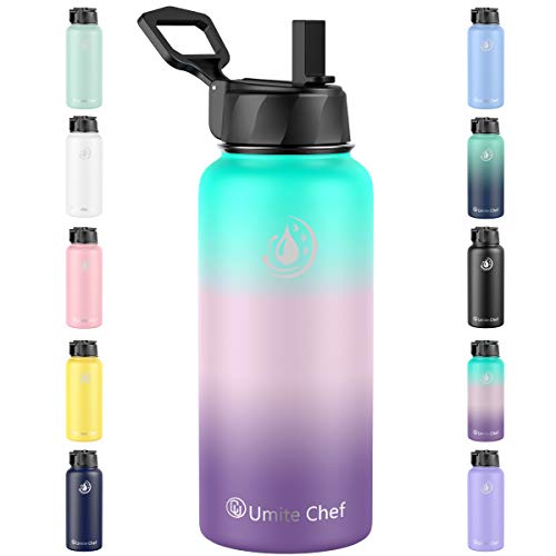 Umite Chef Sports Water Bottle with New Wide Handle Straw Lid, Vacuum Insulated Stainless Steel Thermos Mug, 32 oz Double Walled Wide Mouth Water Bottle ,Leak Proof, Sweat Free （Hydrangea）